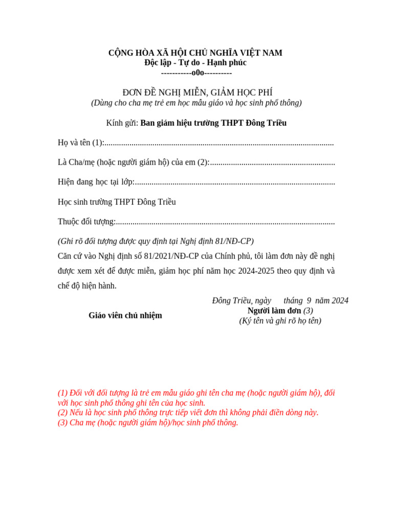 Đơn Xin Miễn, Giảm Học Phí | PDF
