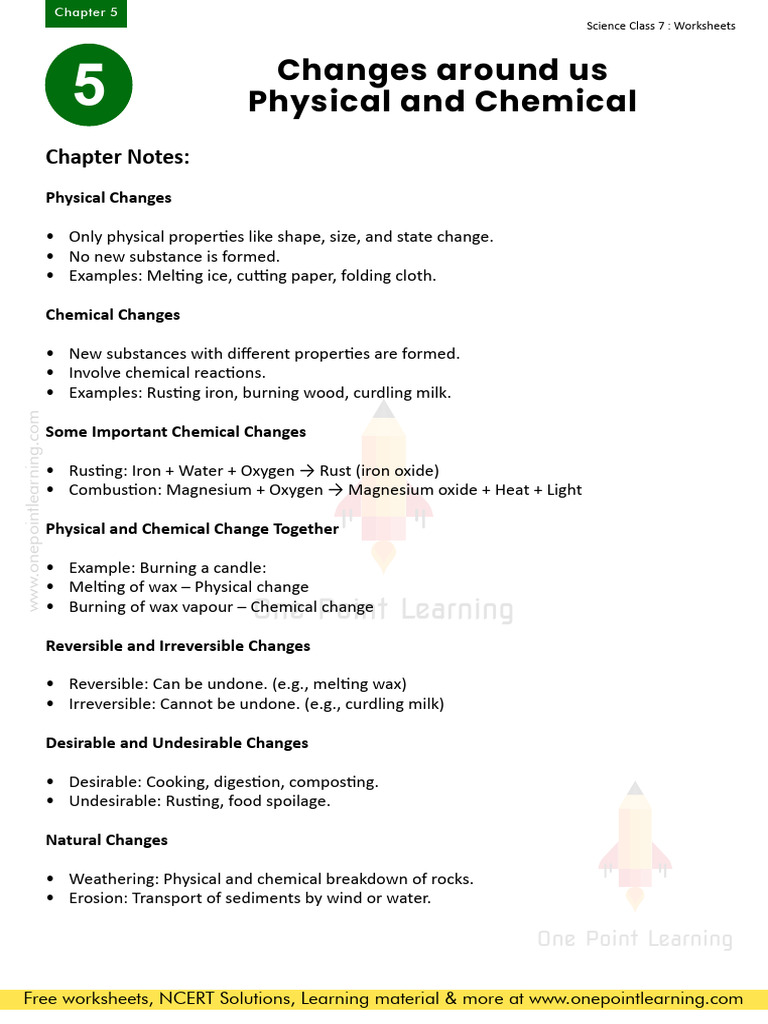 Class 7 Science Curiosity Chapter 5 Changes Around Us Physical and Chemical Worksheet | PDF ...