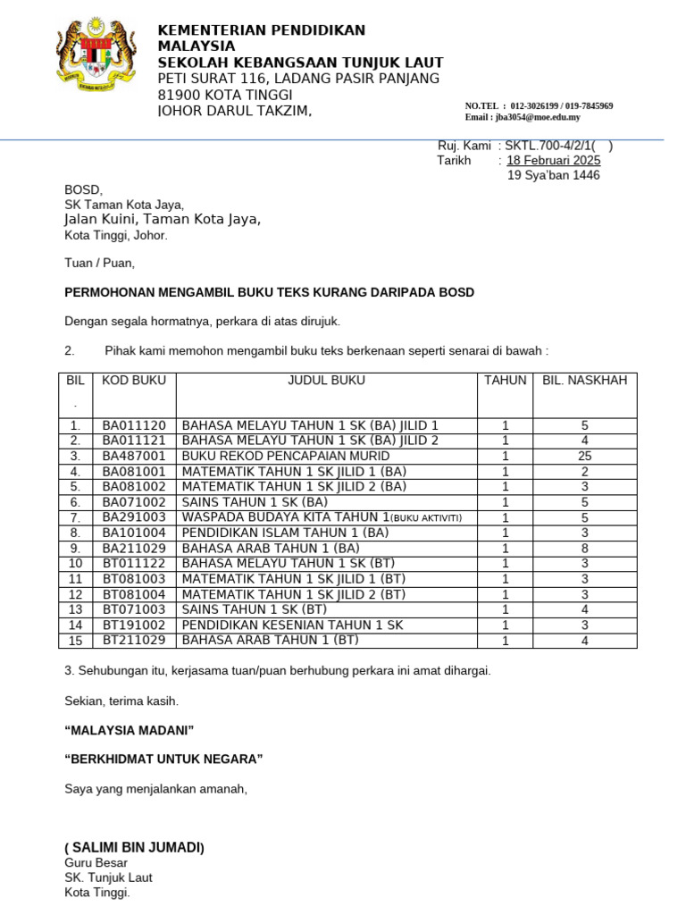 Permohonan Buku Teks SK Taman Kota Jaya | PDF