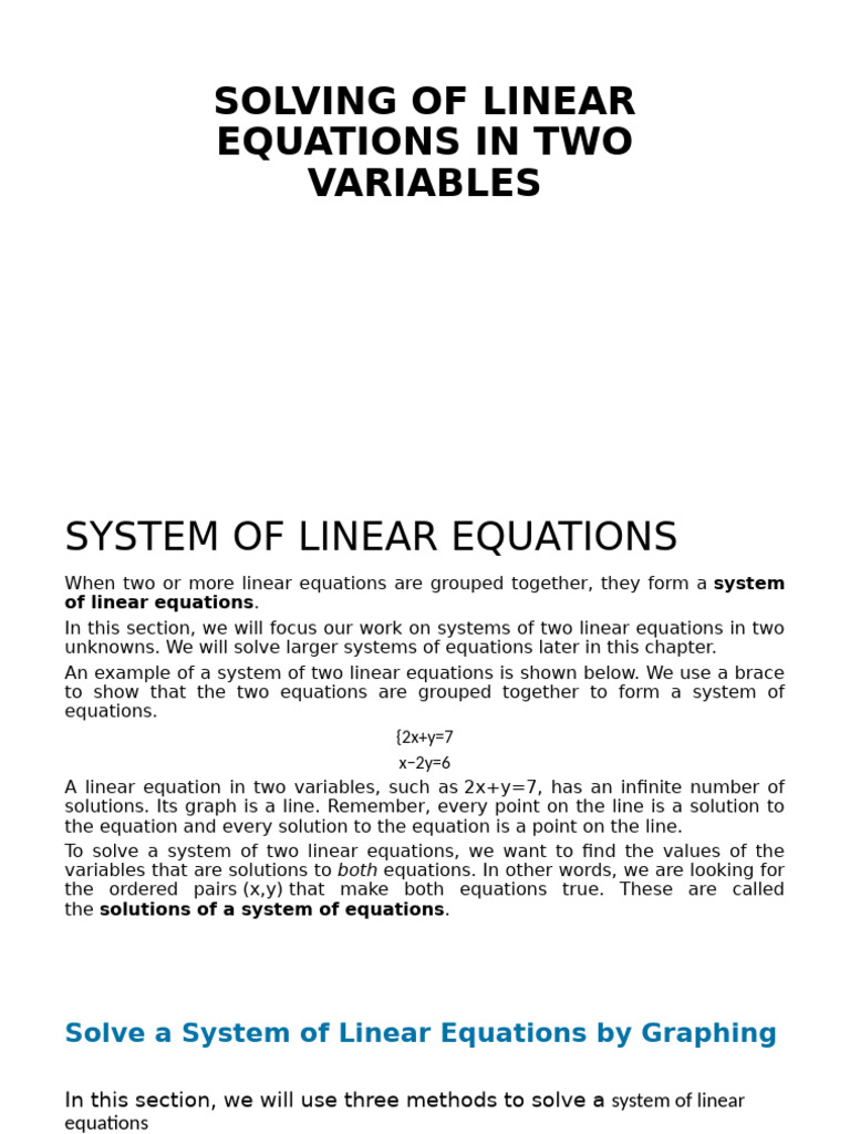 Solving of Linear Equations in Two Variables Autosaved | PDF | Equations | System Of Linear ...