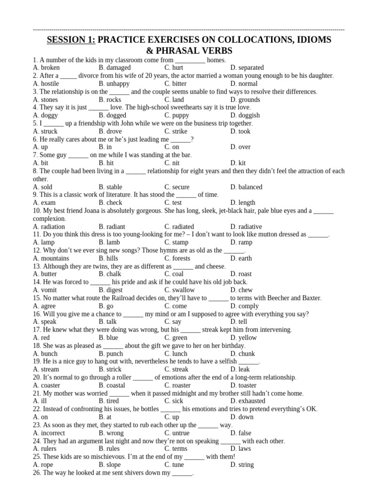 Quiz On Collocations and Idioms - Handout | PDF