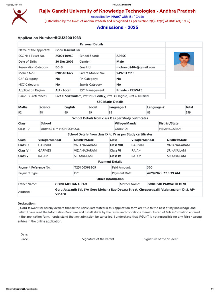 RGUKT Admissions Jaswanth | PDF