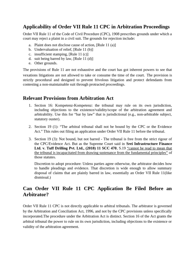 Applicability of Order VII Rule 11 CPC in Arbitration Proceedings | PDF ...