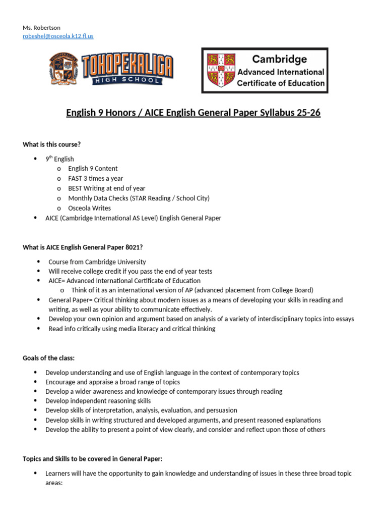9th AICE General Paper Syllabus 25-26 | PDF | Critical Thinking | Learning