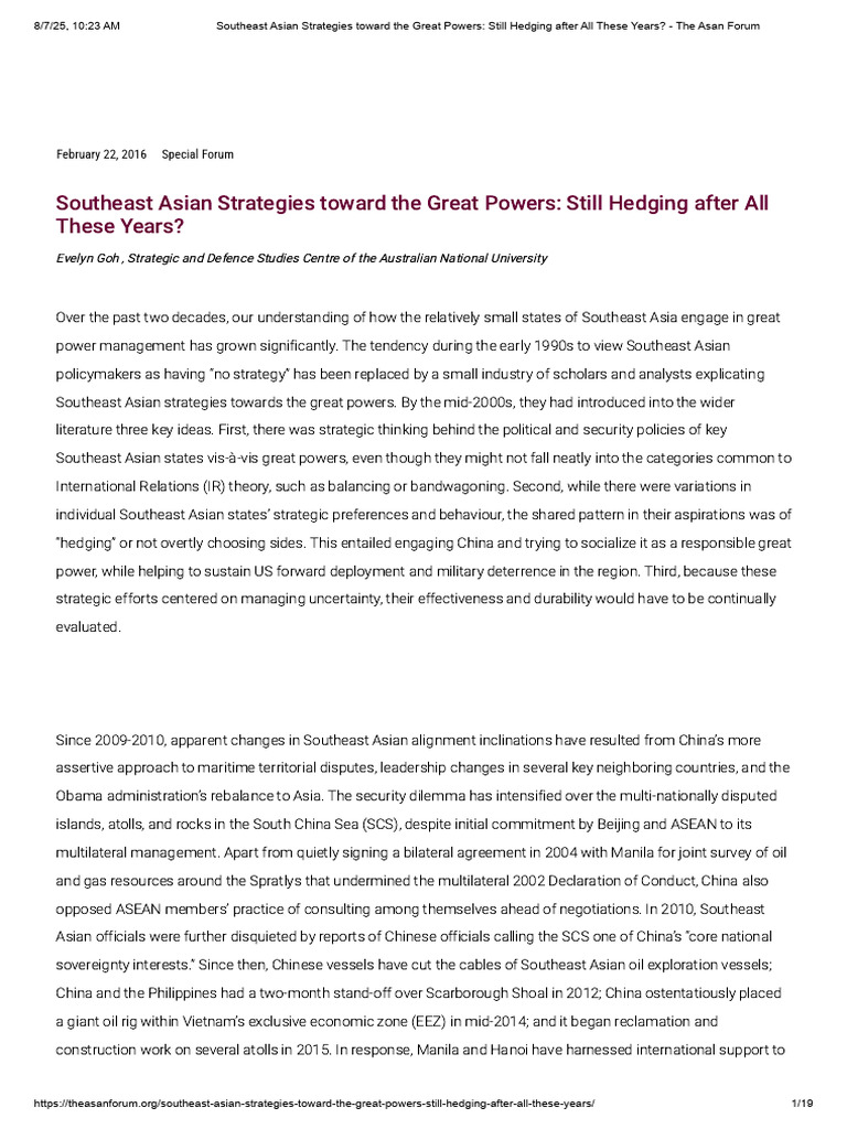 Southeast Asia's Great Power Hedging Strategies | PDF | Myanmar ...