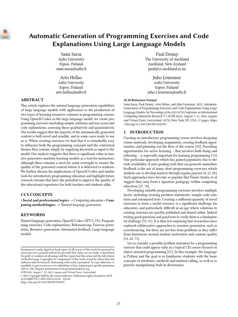 Automatic Generation of Programming Exercises and Code Explanations Using Large Language Models ...