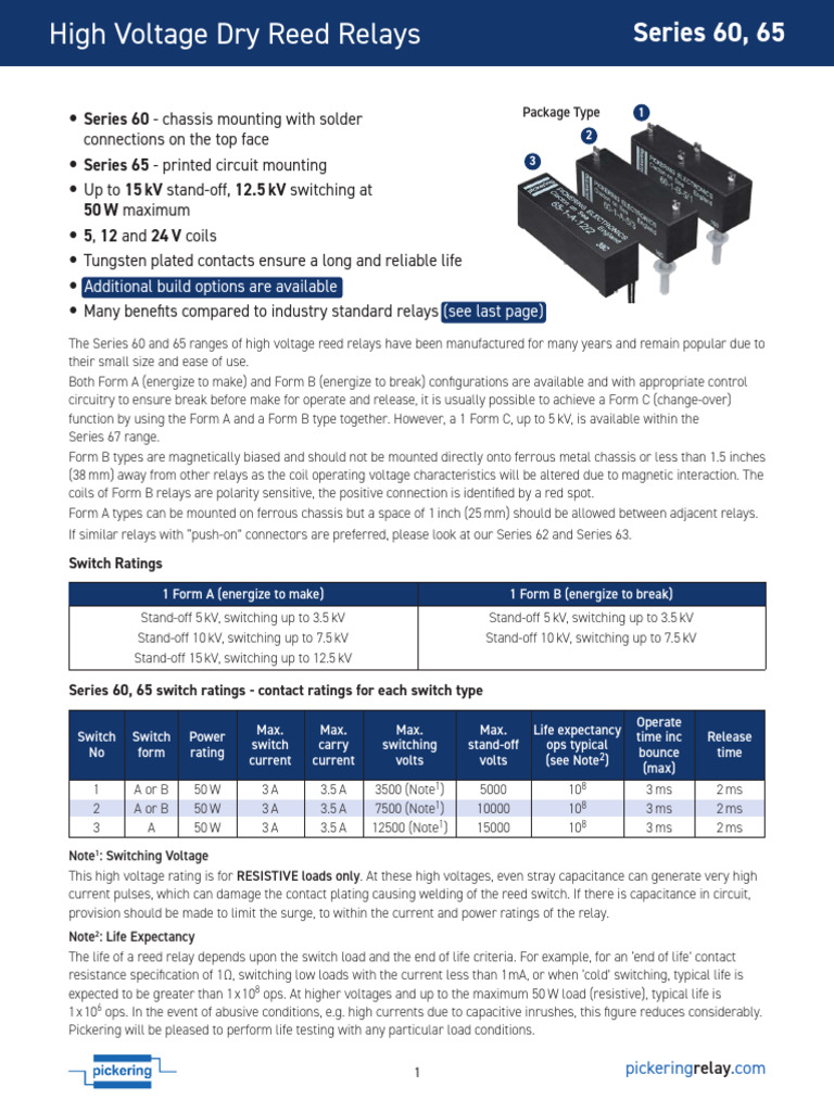 60 65 High Voltage Reed Relays | PDF | Relay | Switch