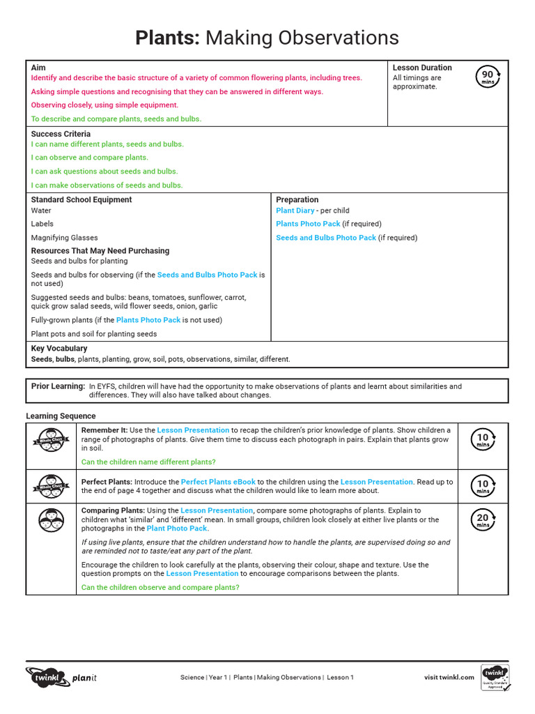 Year 1 Science: Observing Plants Lesson | PDF | Plants | Observation