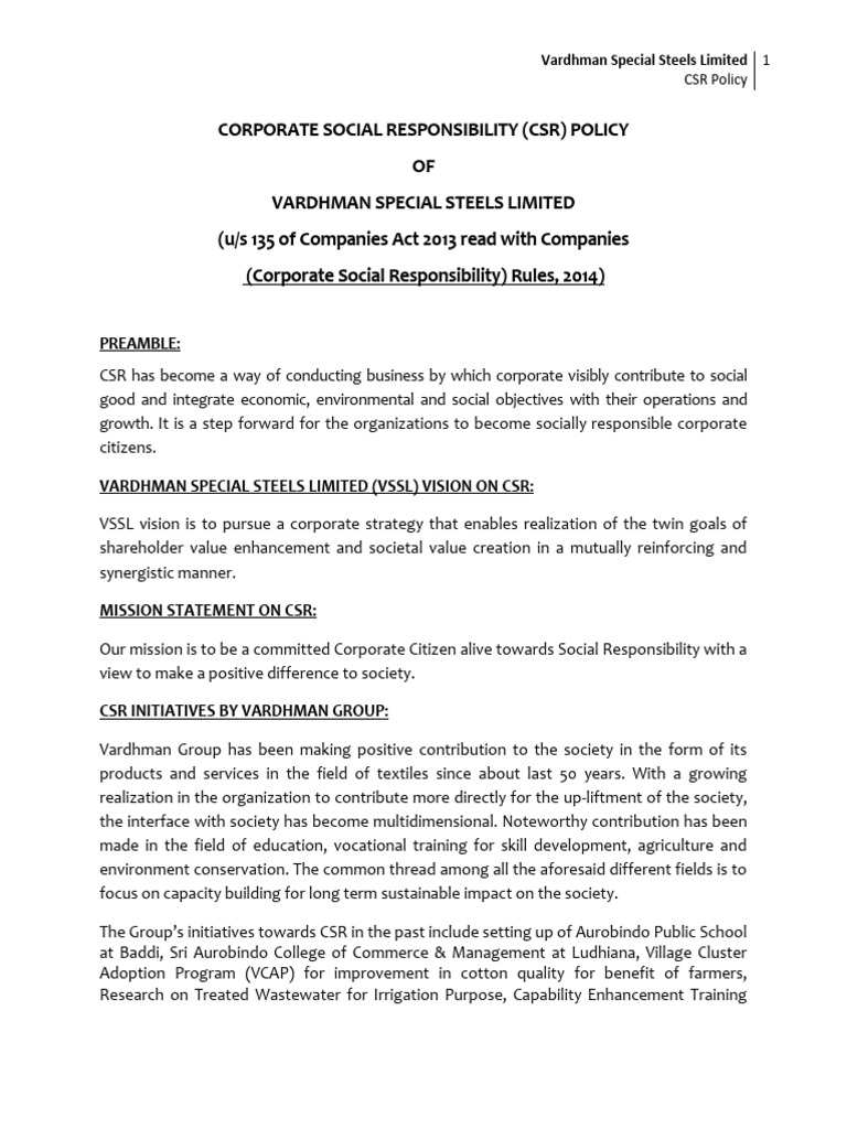 Corporate Social Responsibility Policy | PDF | Corporate Social ...