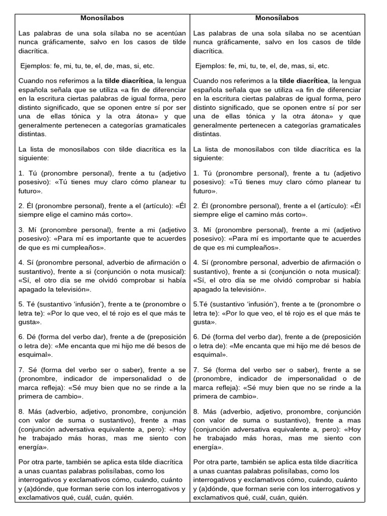 Tilde Diacrítica en Monosílabos | PDF | Palabra | Adjetivo