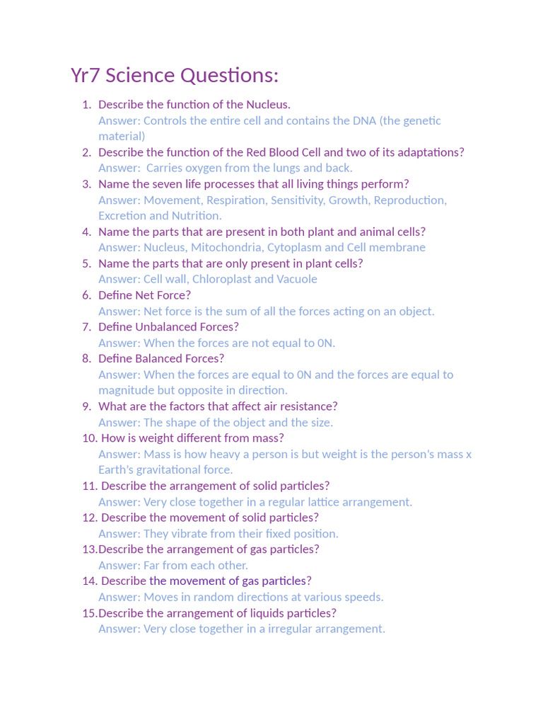 Yr7 Science Questions | PDF