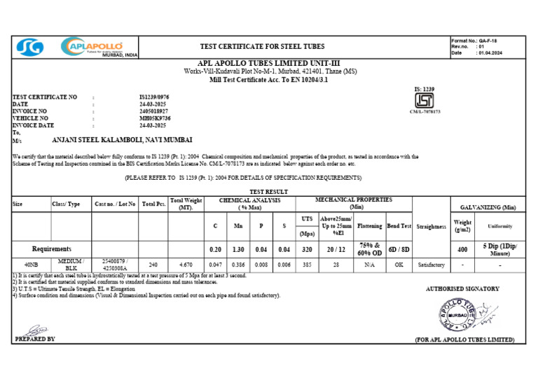 Steel Tube Test Certificate IS 1239 | PDF | Pipe (Fluid Conveyance ...