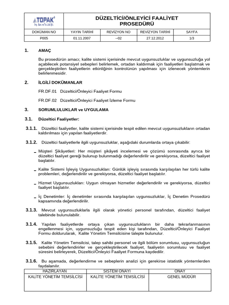P005 Düzelti̇ci̇ Ve Önleyi̇ci̇ Faali̇yetler | PDF