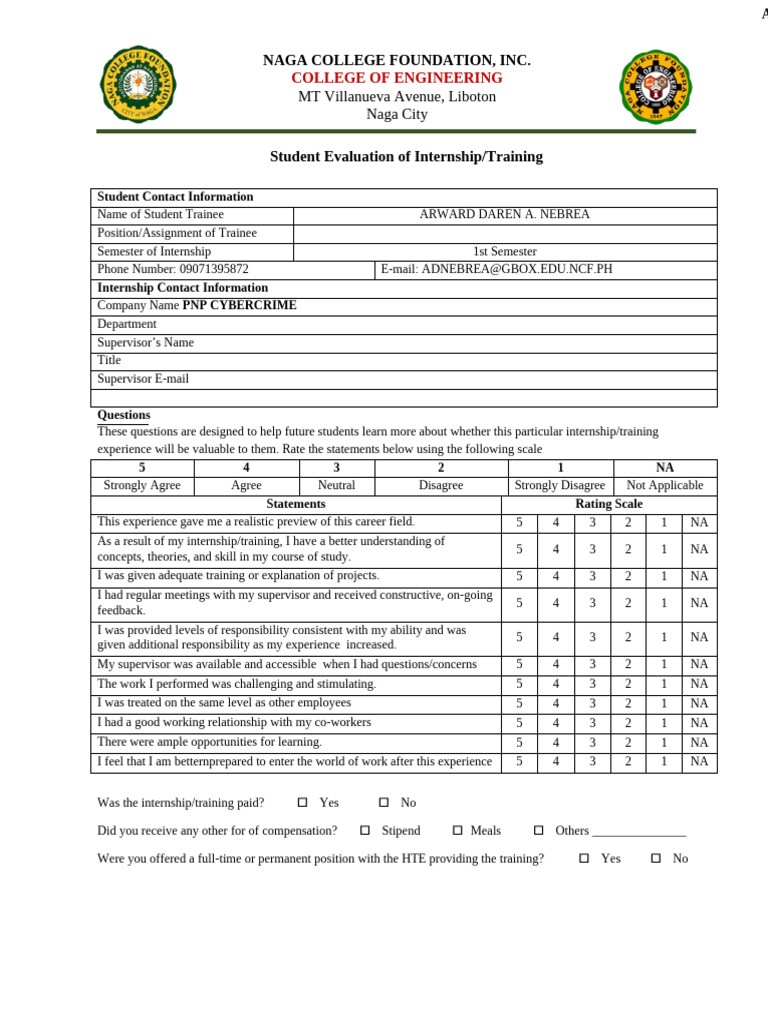 ANNEX I Student Evaluation of Internship | PDF | Cognition