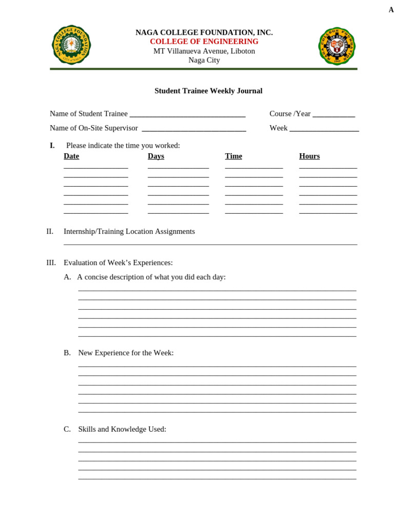 Weekly OJT Journal Template | PDF