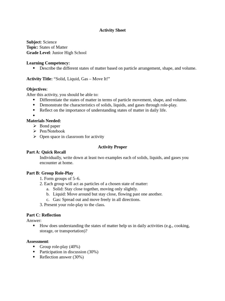Junior High States of Matter Activity | PDF