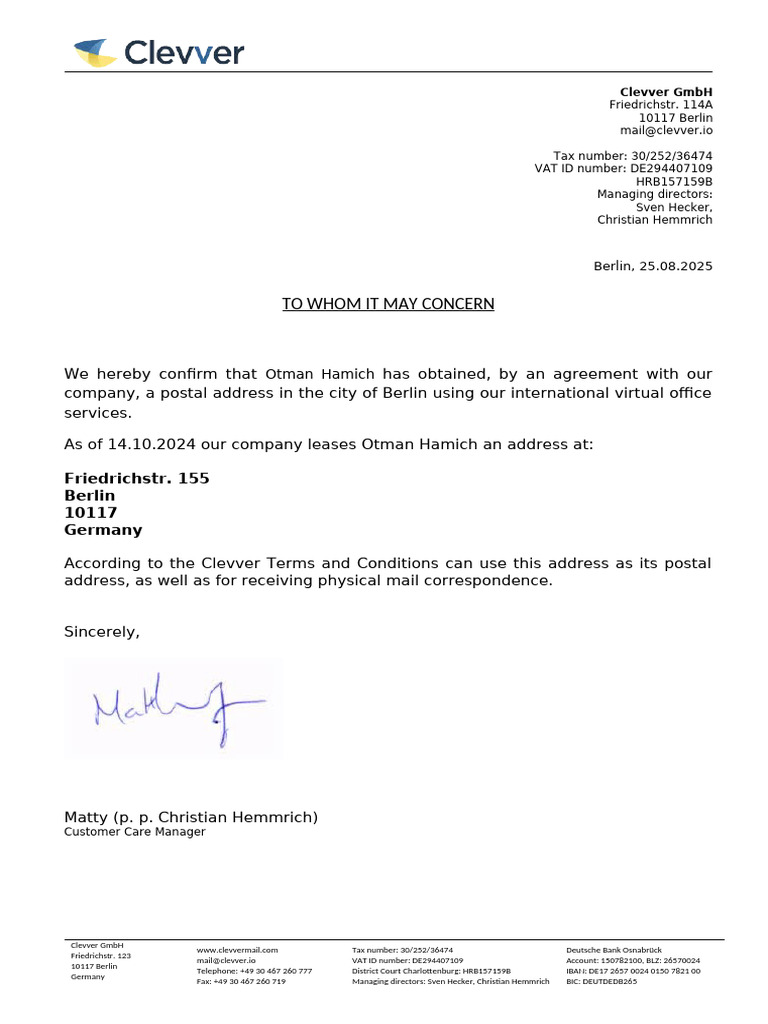 Clevver GmbH Postal Address Confirmation | PDF | Banking