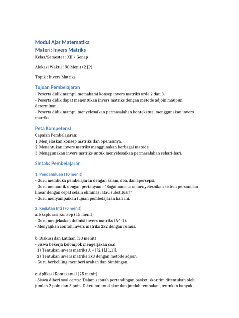Invers Matriks untuk Kelas XII Genap | PDF