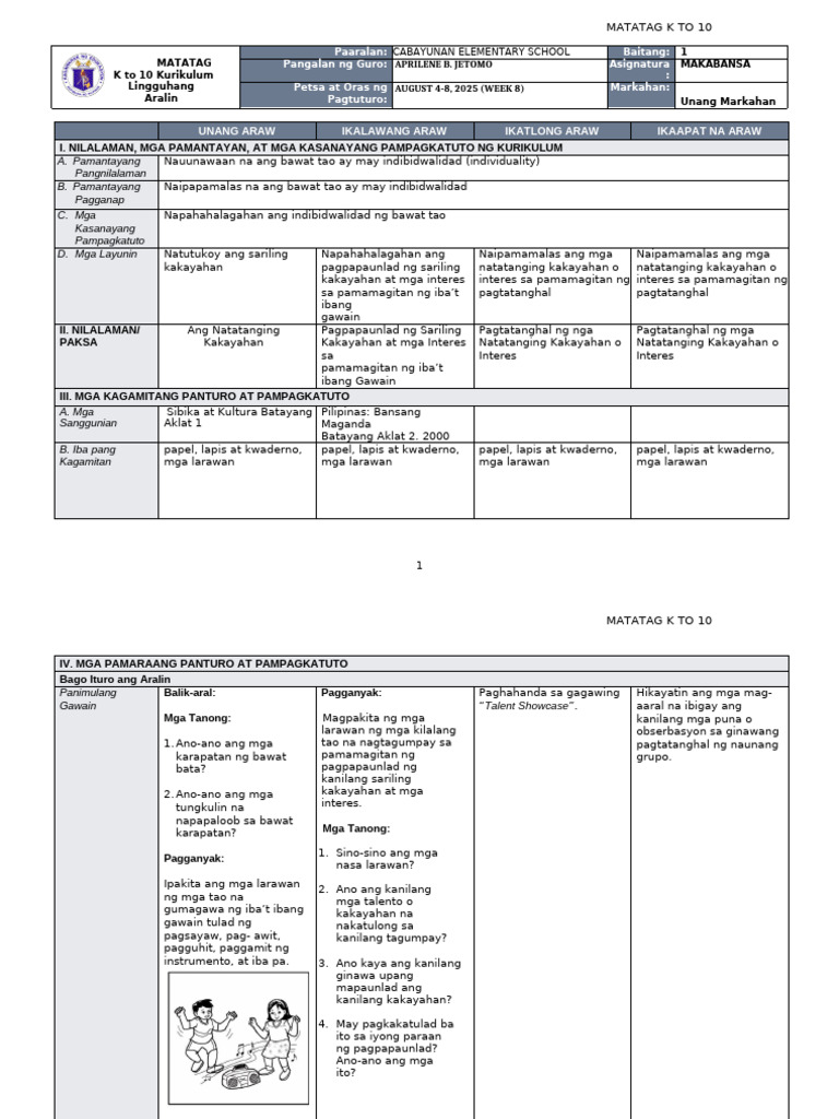 Dll Matatag Makabansa 1 Q1 W8 Pdf