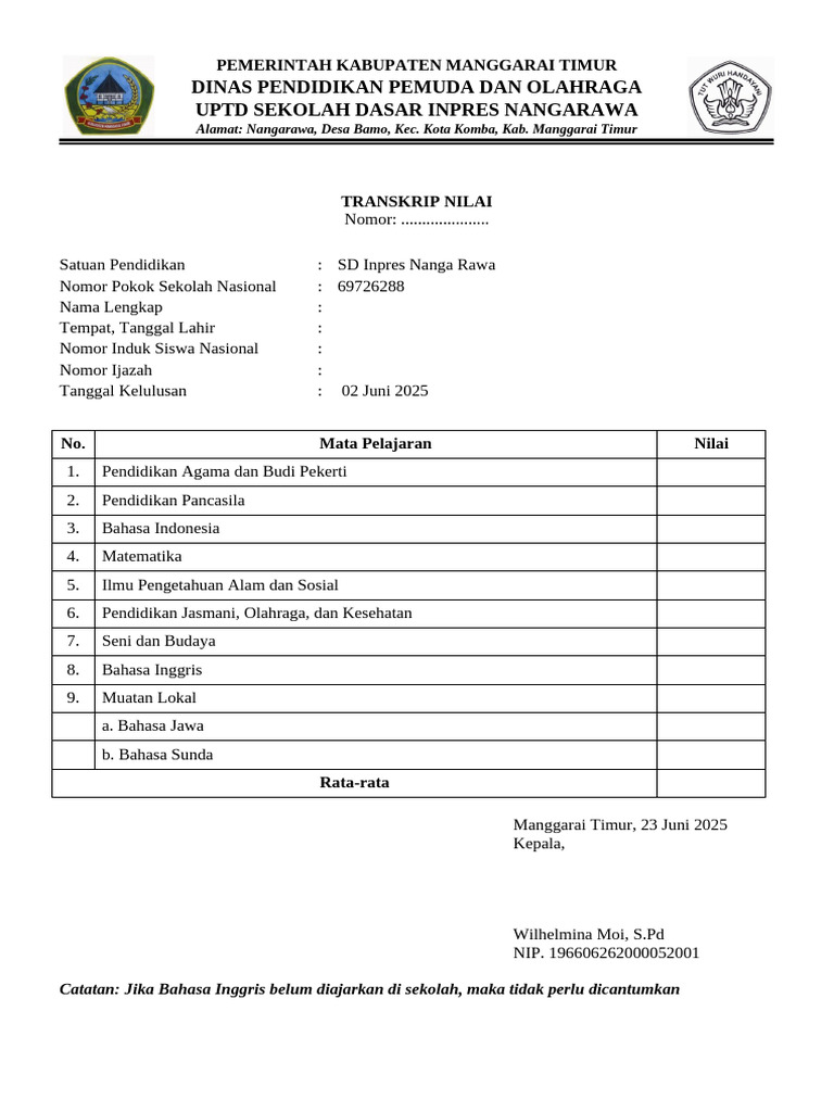 Format Transkrip Nilai Kelas 6 Tahun 2025 | PDF