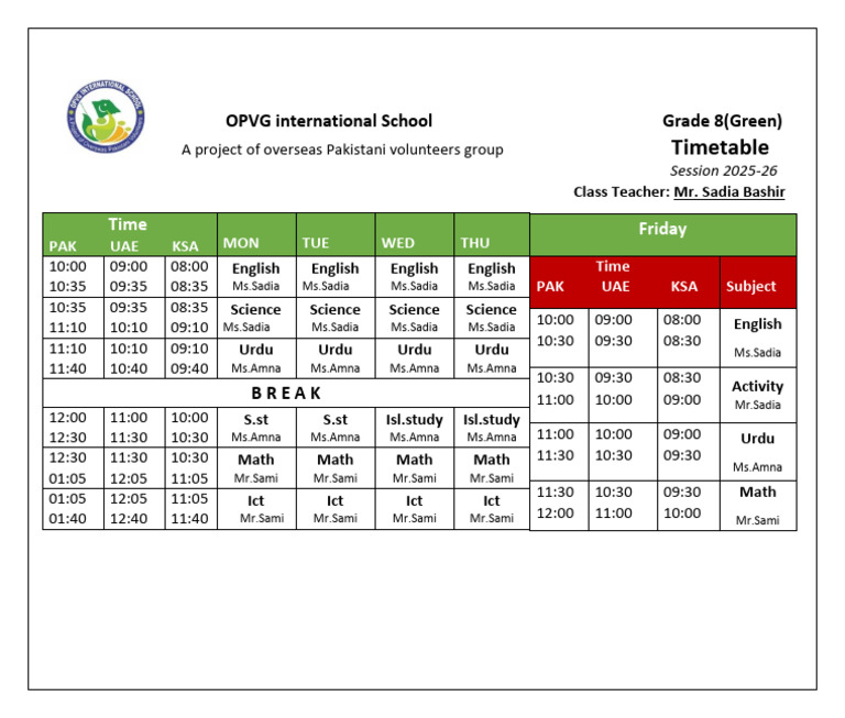 Grade 8 Timetable 2025-26 OPVG School | PDF
