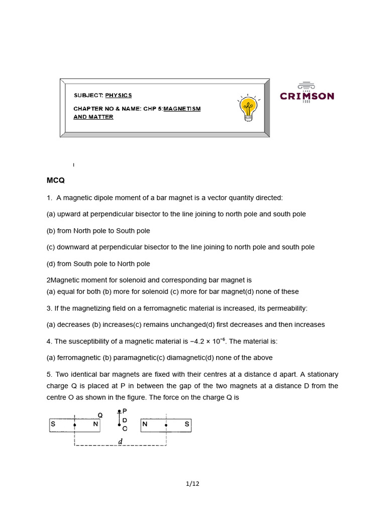 CR Phy CHP 5 Magnetism and Matter | PDF | Magnetism | Magnetic Field