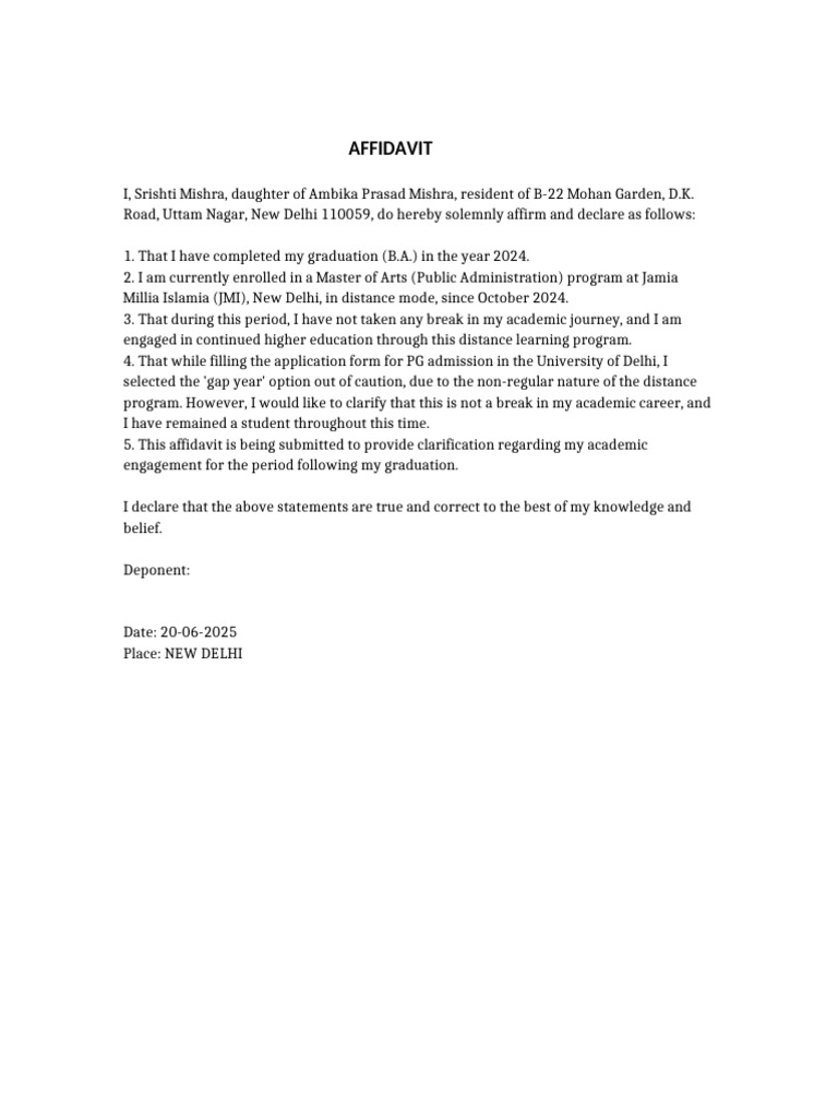 Gap Year Clarification Affidavit SrishtiMishra | PDF
