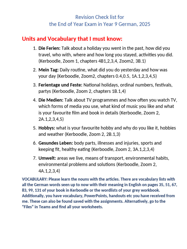 Year 9 German Exam Revision Guide | PDF | Verb | Grammatical Tense