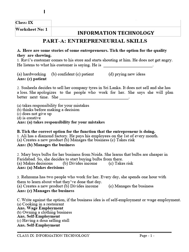 WORKSHEET ON Entrepreneurship skills -IT | PDF | Entrepreneurship ...