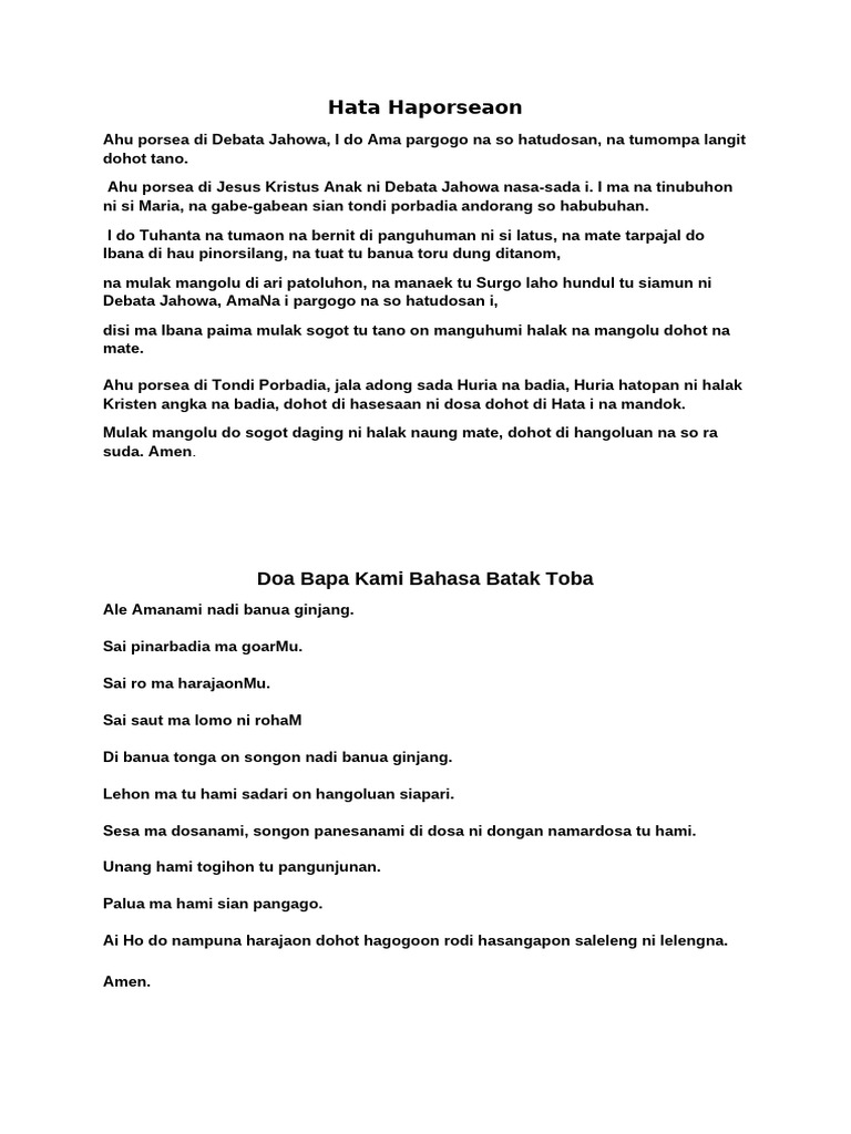 Doa Bapa Kami dalam Bahasa Batak | PDF