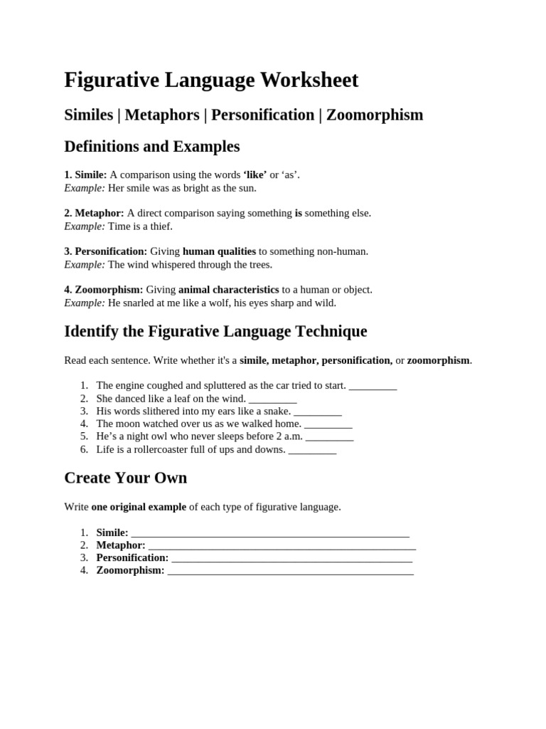 Figurative Language Worksheet_1 | PDF