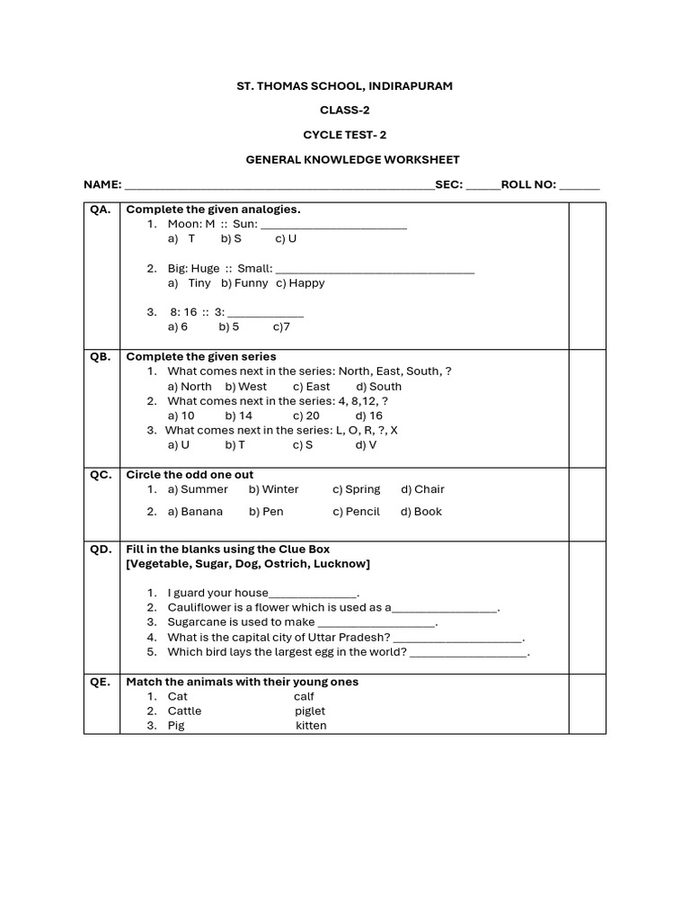 Class 2 General Knowledge Worksheet | PDF
