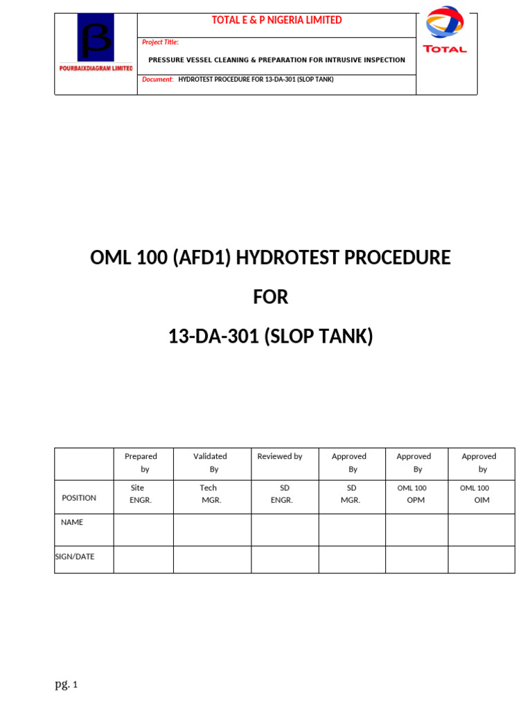 Hydrotest Procedure for Slop Tank 13-DA-301 | PDF | Calibration | Equipment
