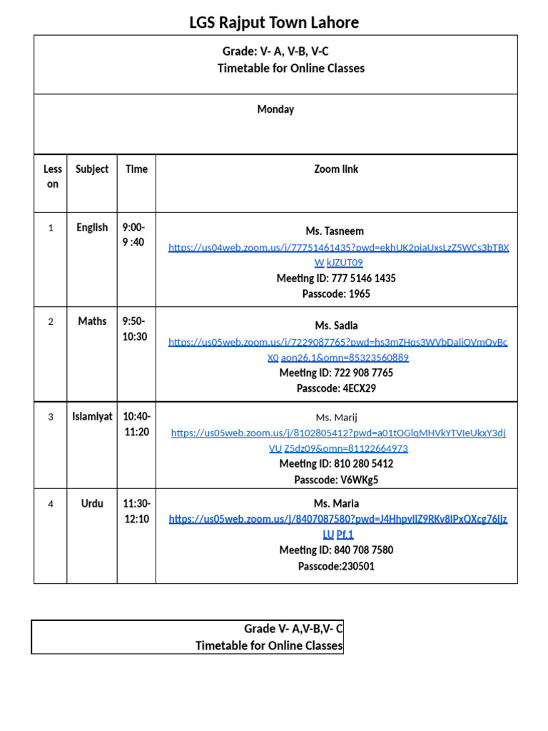 Online Class Timetable Grade 5 | PDF