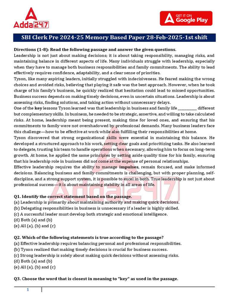 SBI Clerk Pre 2024 25 Memory Based Paper 28 Feb 2025 1st Shift Hindi 1 ...
