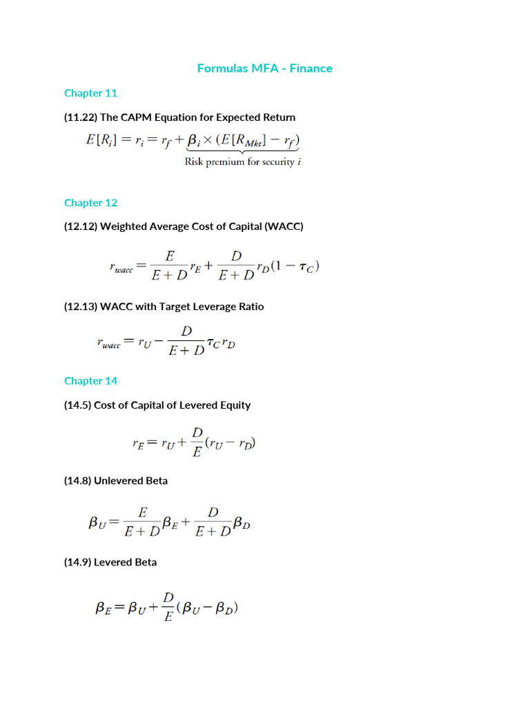 Relevant Formulas Finance | PDF