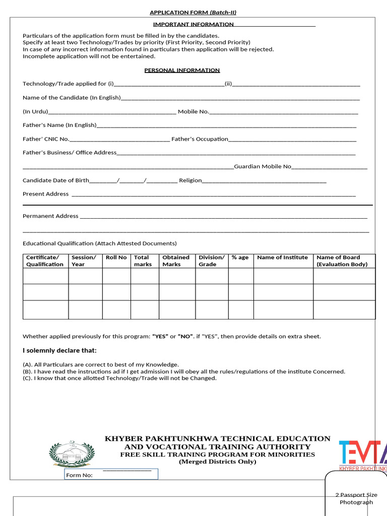 KPK Skill Training Application Form | PDF
