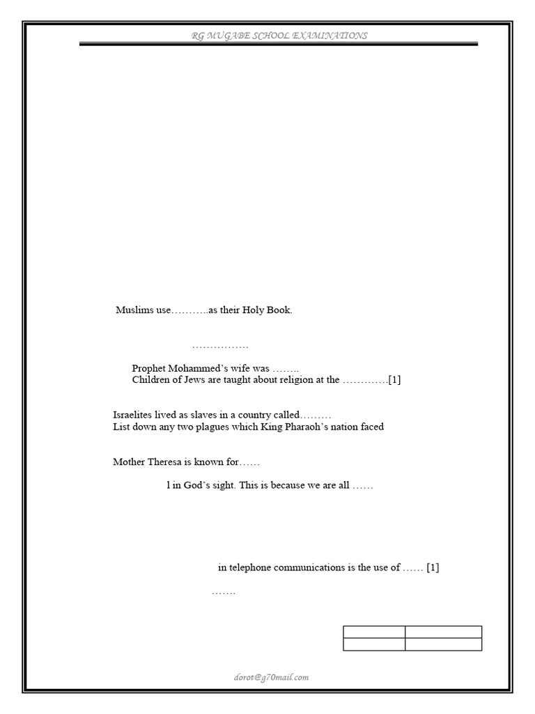 RG Mugabe Primary School Exam Paper | PDF | Soil | Moses