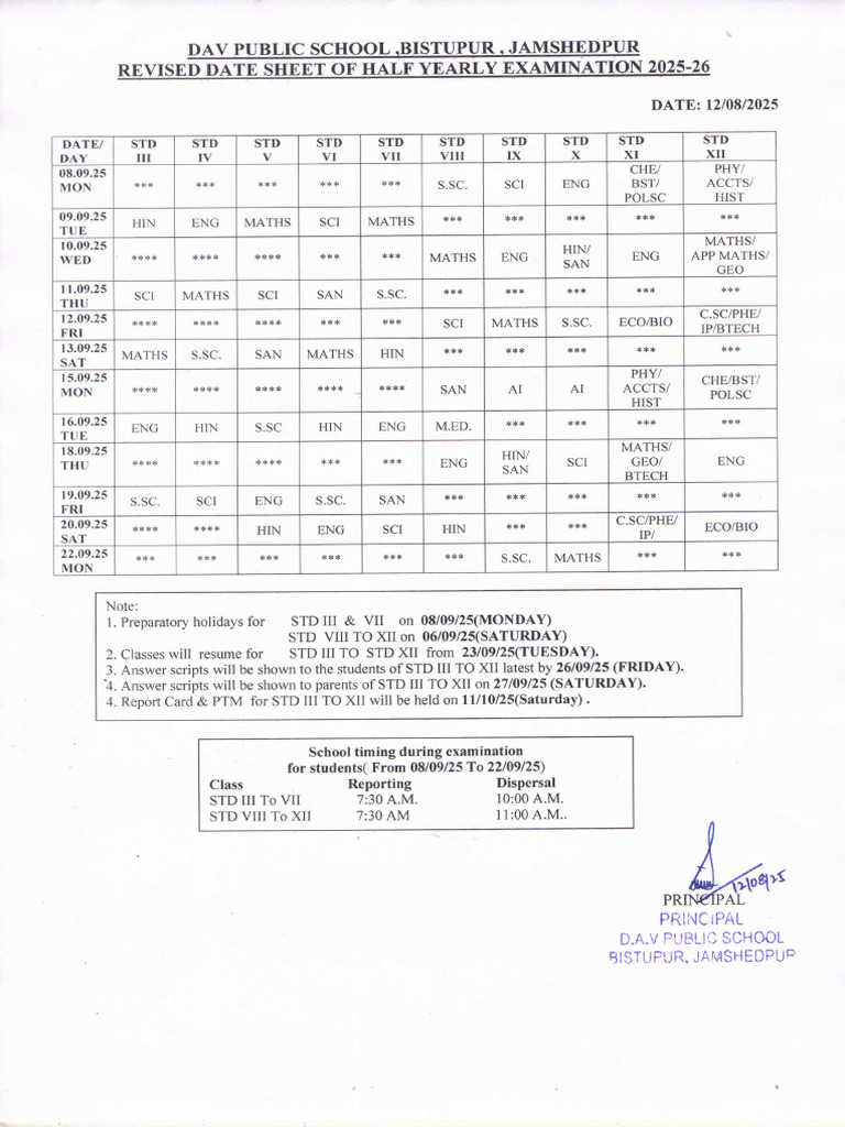 Revised Date Sheet-Half Yearly Exam-2025-26 | PDF