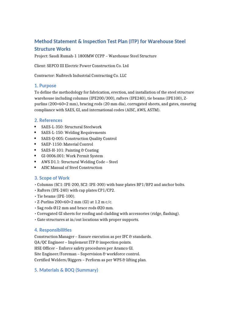 Warehouse Steel Structure Method Statement ITP | PDF | Structural Steel ...