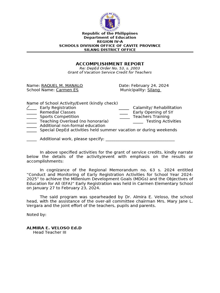 Early Reg Accomplishment 2024 | PDF