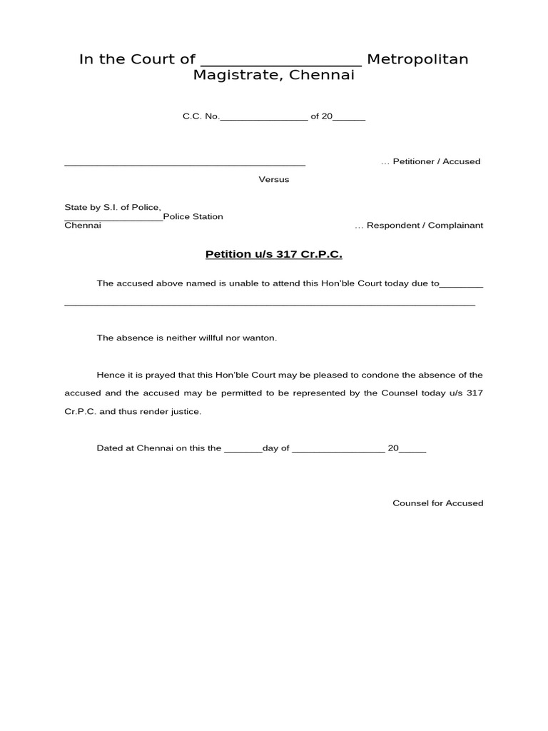 CrPC Section 317 Absence Petition Format | PDF