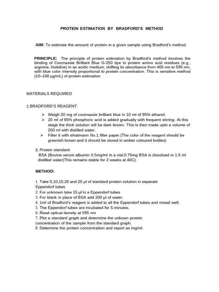 Bradford Protein Estimation Method | PDF | Proteins | Biochemistry