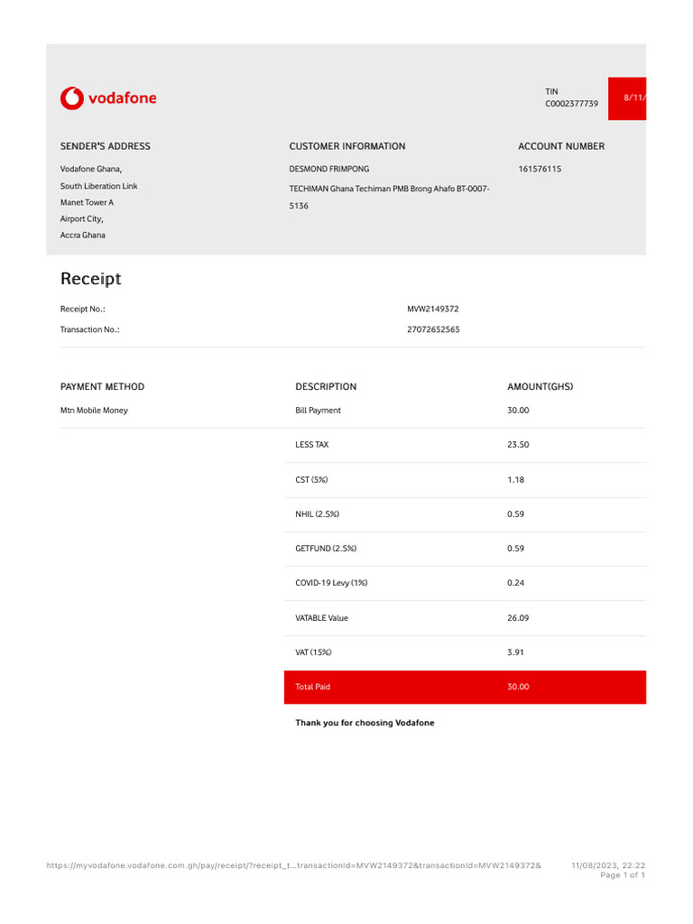 Vodafone Payment Receipt - Desmond Frimpong | PDF | Receipt | Money