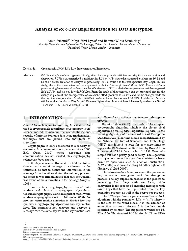 Analysis of - Implementation For Data Encryption: RC6 Lite | PDF | Cryptography | Key (Cryptography)