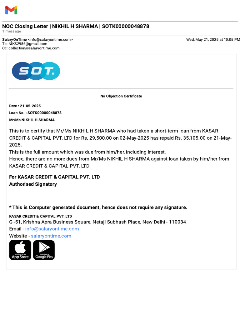 Gmail - Noc Closing Letter - Nikhil H Sharma - Sotk00000048878 | PDF