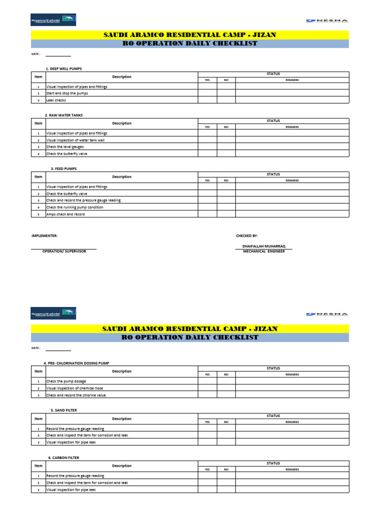 RO Plant Daily Maintenance Checklist | PDF | Pump | Pipe (Fluid Conveyance)