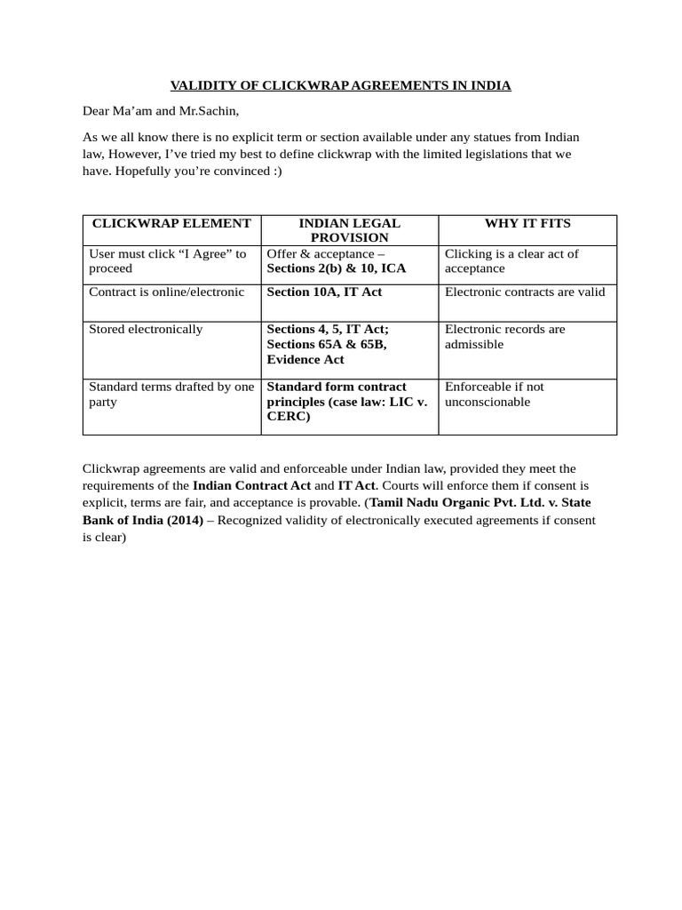 Clickwrap Agreements in India: Validity Explained | PDF