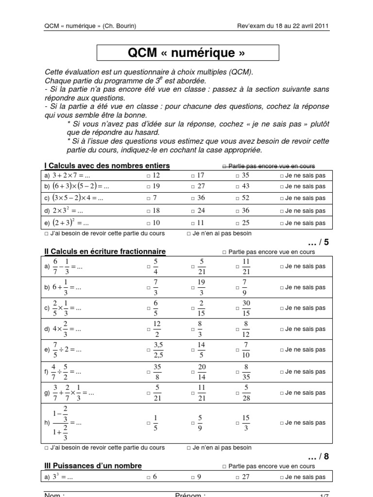 Rev'Exam QCM 1 | PDF | Choix multiple | Arithmétique