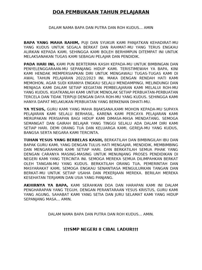 Doa Pembukaan Tahun Pelajaran 2022/2023 | PDF